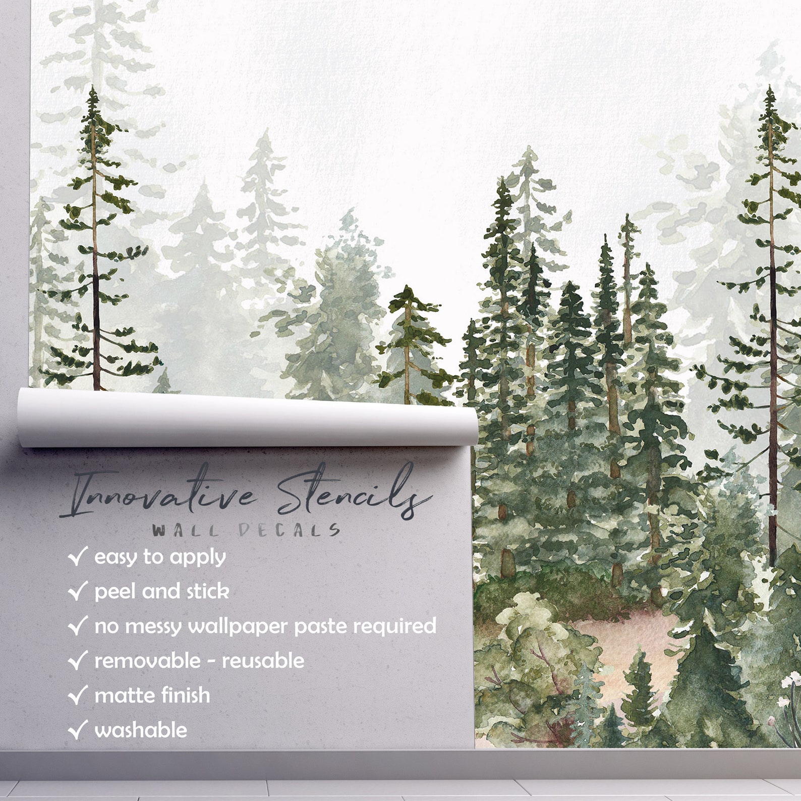 Watercolor Pine Tree Forest Peel and Stick Wallpaper Self Adhesive ...