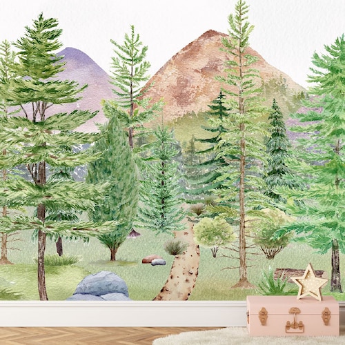 Watercolor Pine Tree Forest Peel and Stick Wallpaper Mountains - Etsy