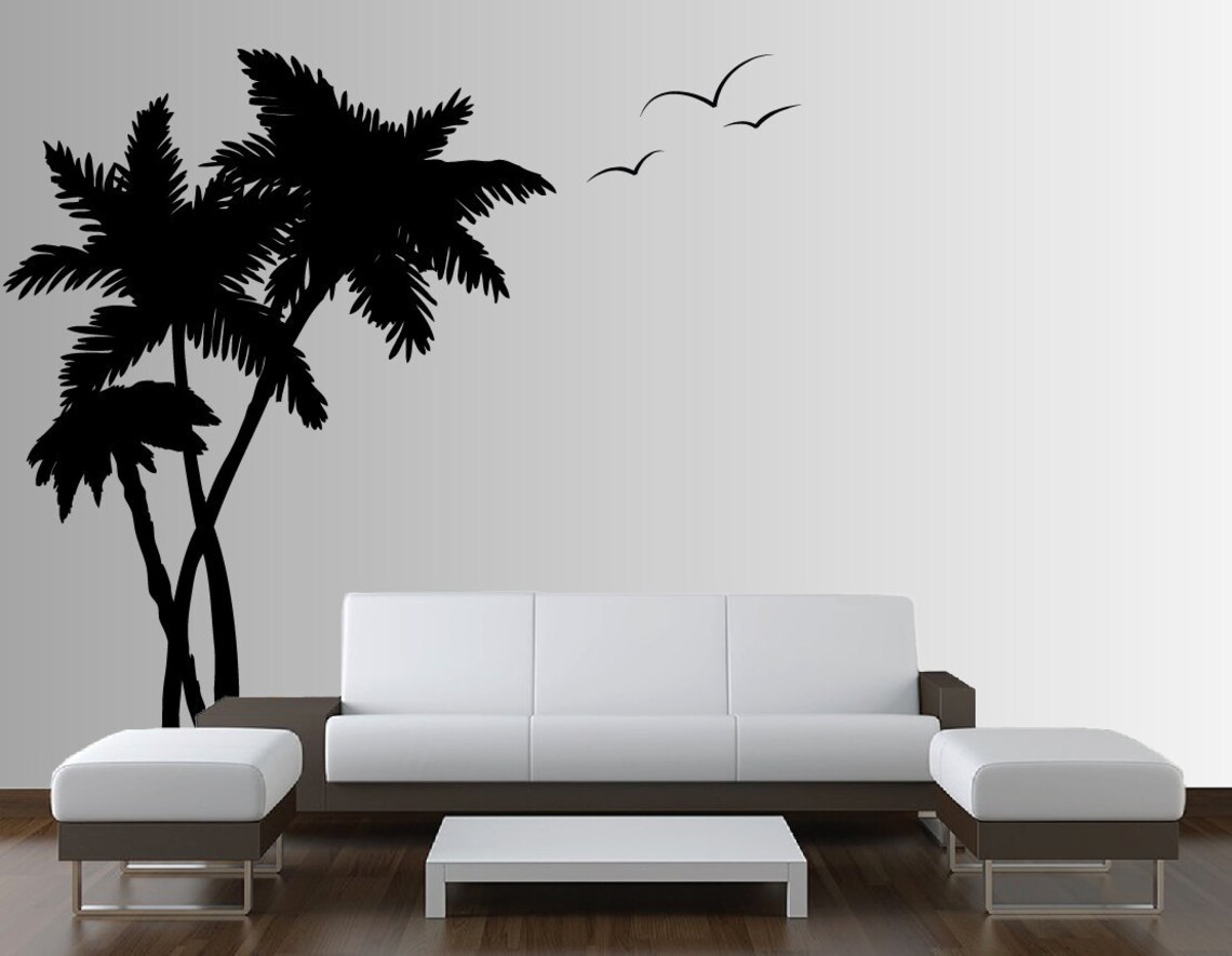 Palm Coconut Tree Wall Decal with seagull birds art 6 feet | Etsy