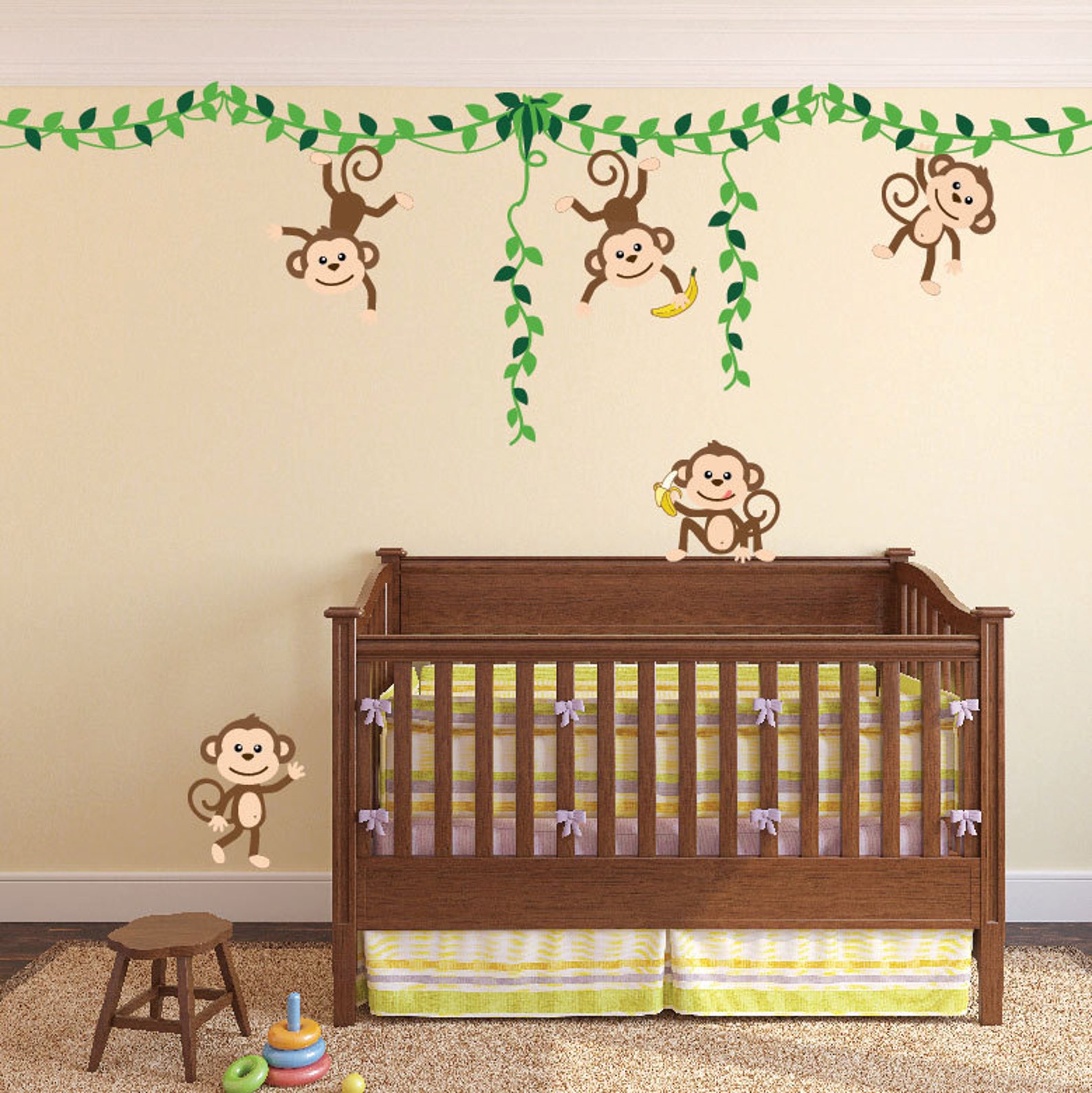 Monkey Jungle Tree Vine Forest Wall Decal Safari Birds Sticker Nursery ...