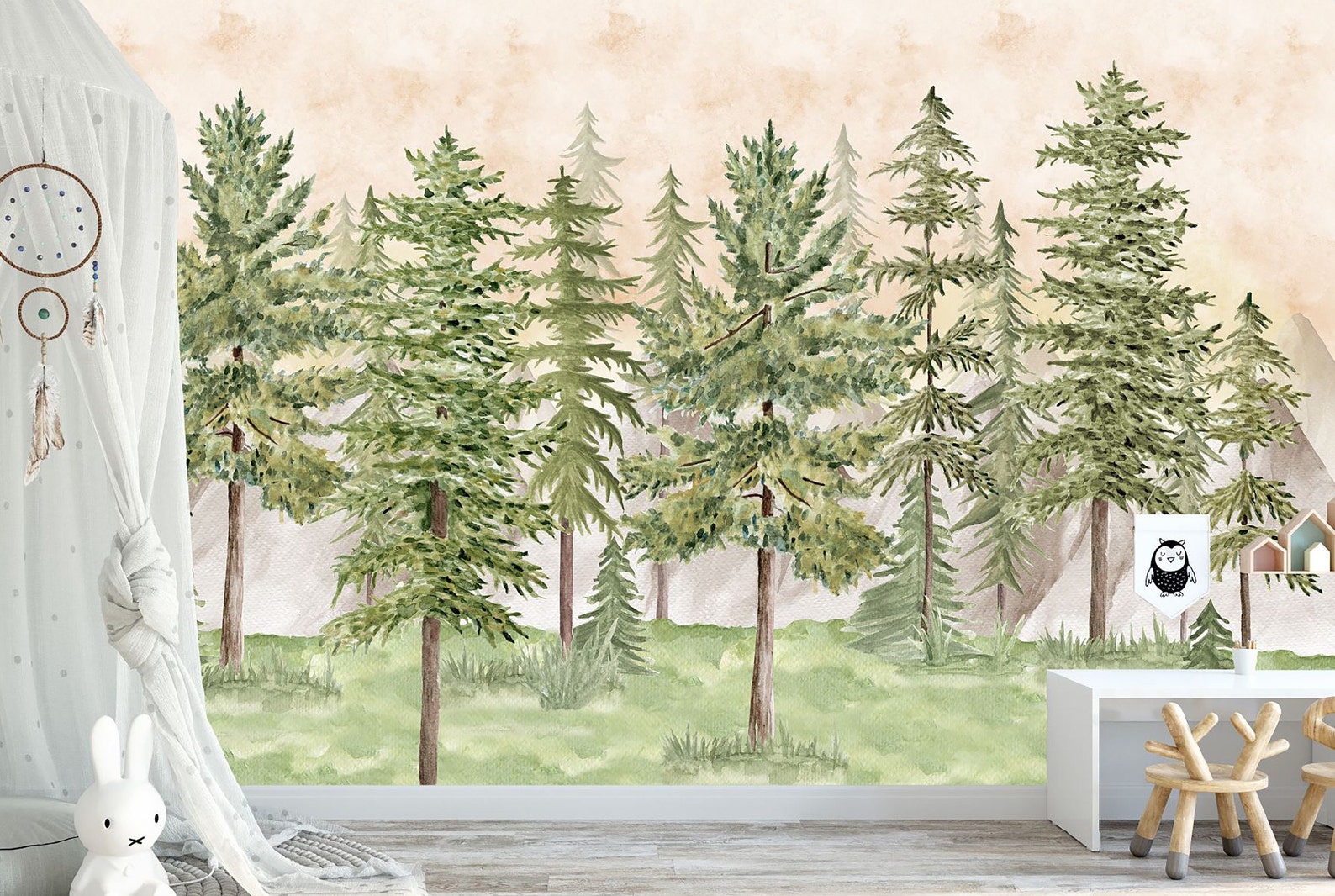 Watercolor Pine Tree Forest Peel and Stick Wallpaper Mountains Nursery ...