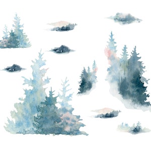 Watercolor Pine Forest Wall Decals Trees Fabric Nursery Woodland Decal ...