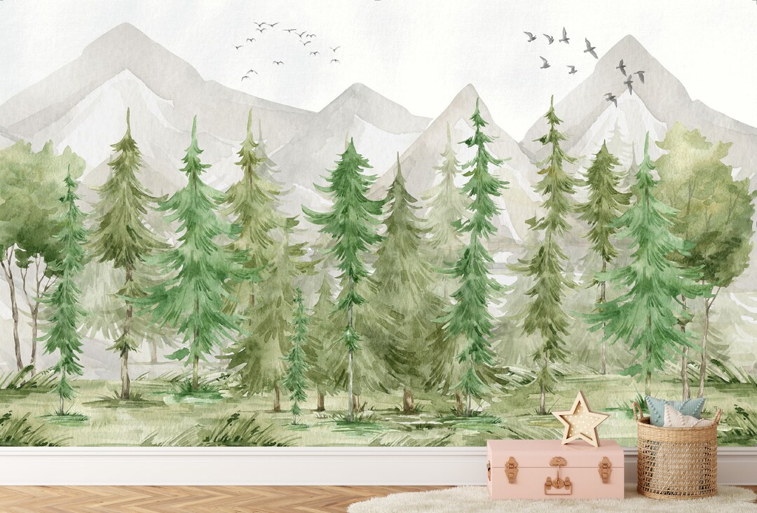 Watercolor Pine Tree Forest Peel and Stick Wallpaper Mountains Birds ...