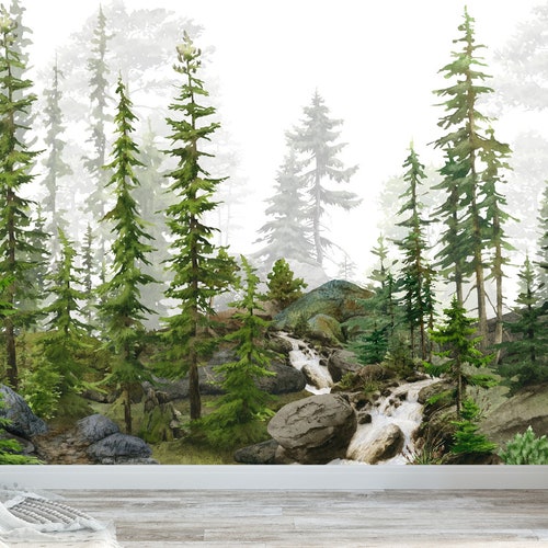 Mountain Wallpaper Pine Tree Forest Peel and Stick Self - Etsy