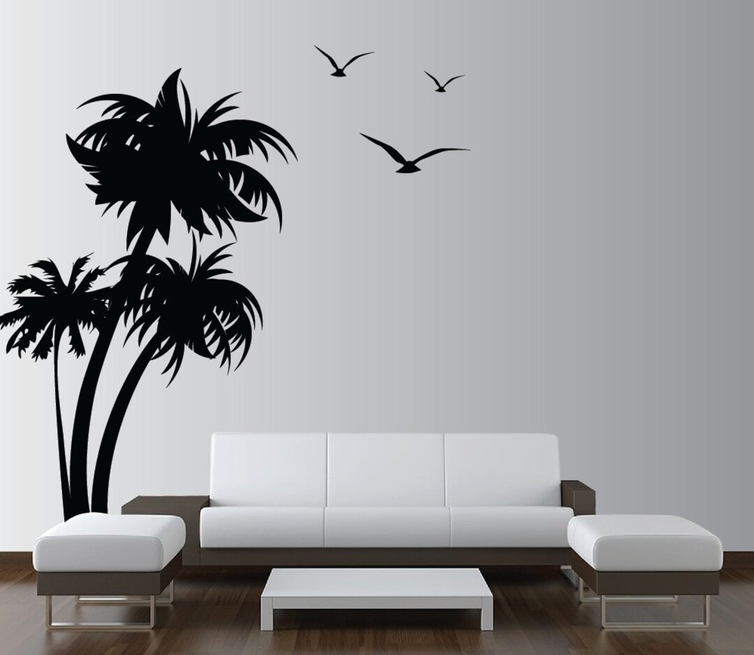 Palm Coconut Tree Wall Decal With Seagull Birds 3 Trees 1132 (8 Feet ...
