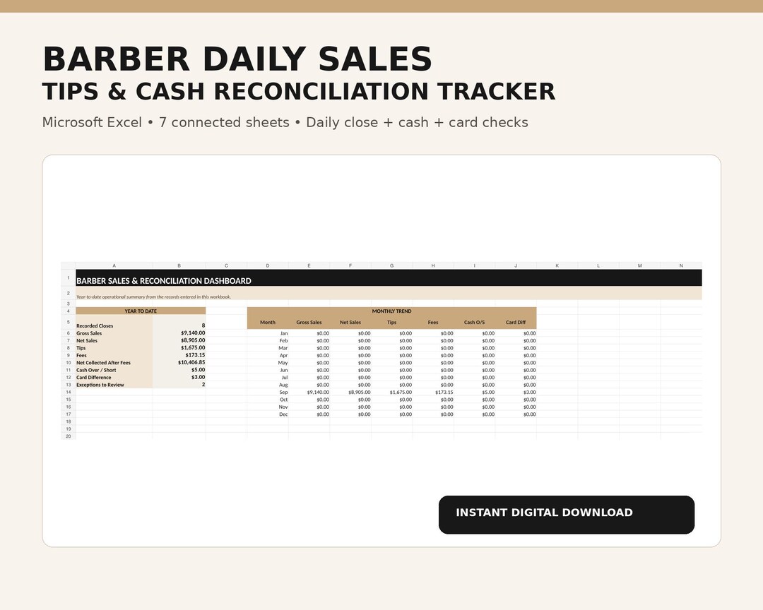 Barber Daily Sales Tracker, Tips & Cash Reconciliation Excel ...