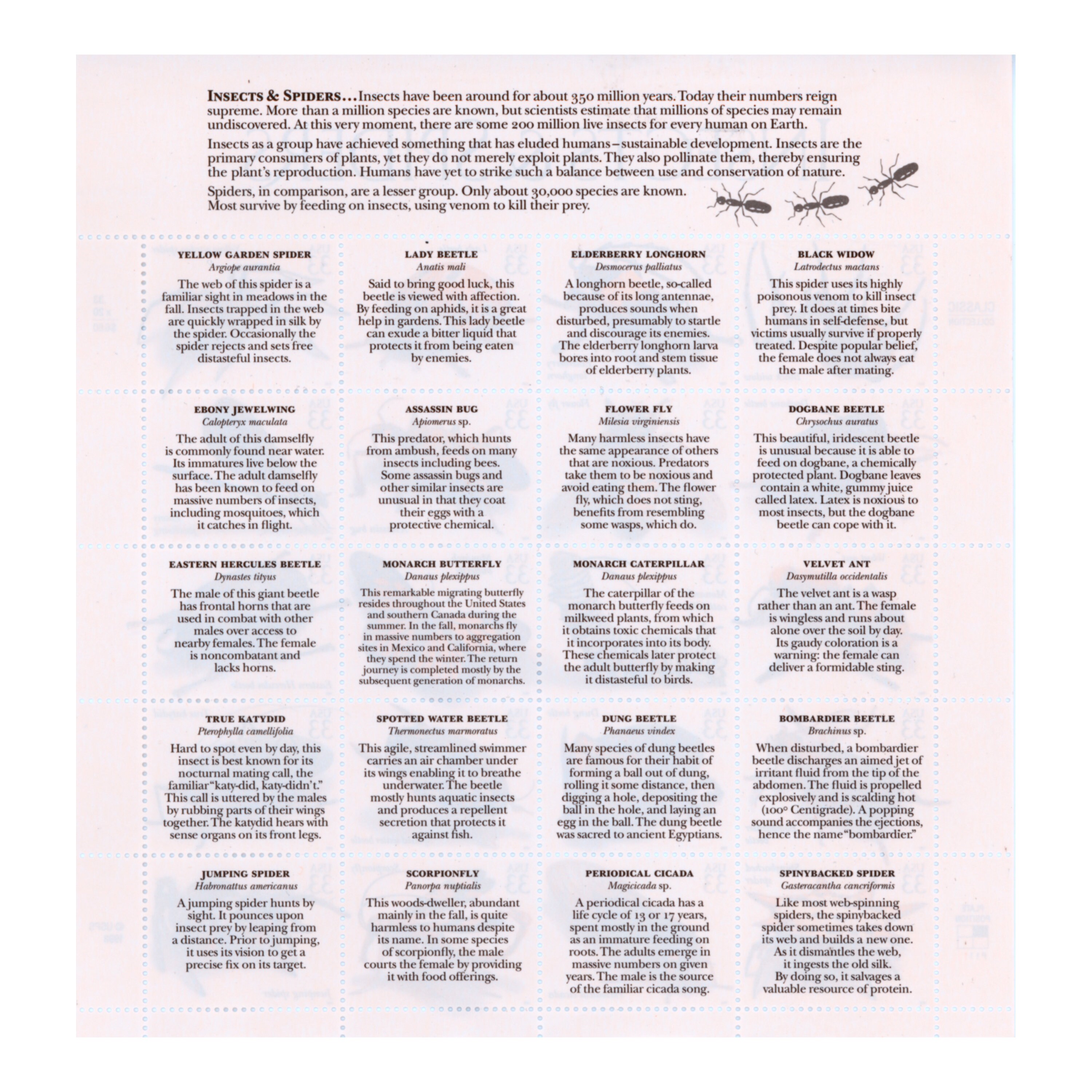 Insects & Spiders Stamp Sheet by USPS 1998 - Etsy