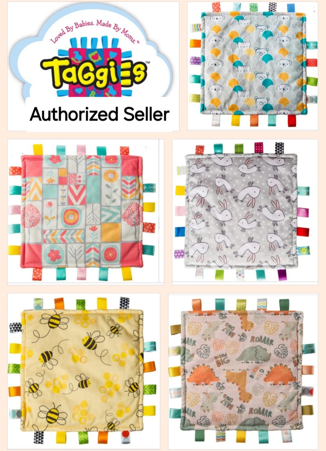 Original Baby Taggies Blanket, 12" X 12", Bear, Bunny, Bees, Floral ...