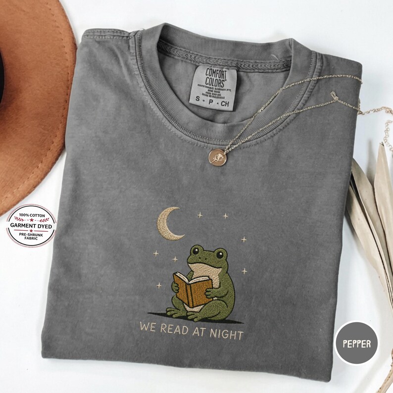 Embroidered Frog Shirt, Bookish Reading Tee, Cozy Reader Gift, Dark ...