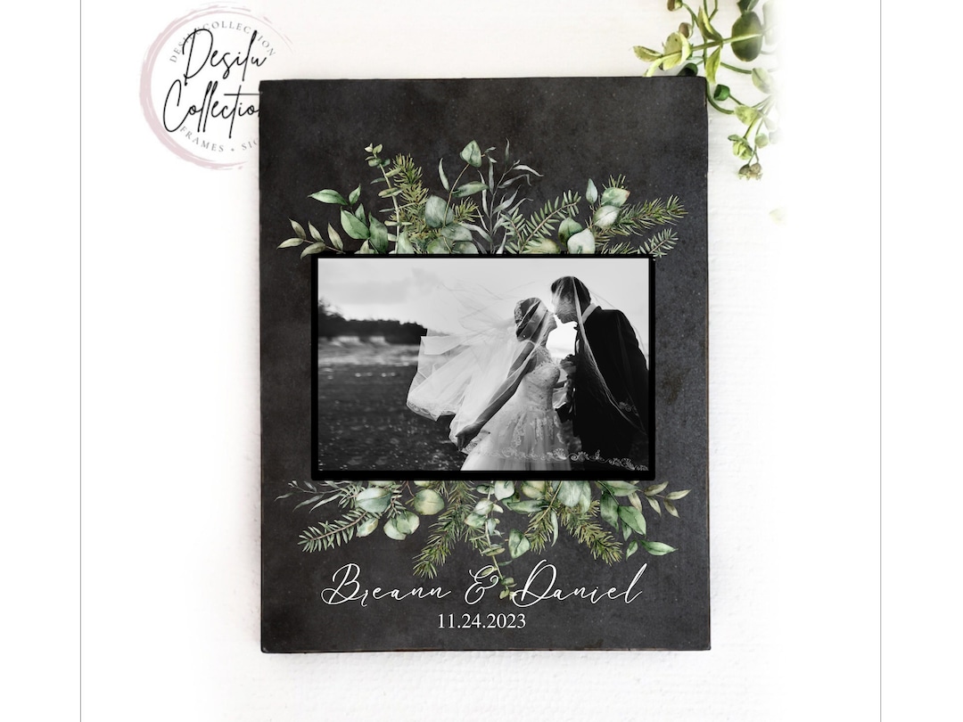 Wedding Gift Photo Frame Green Floral, Wood Picture Frames, Newlyweds ...
