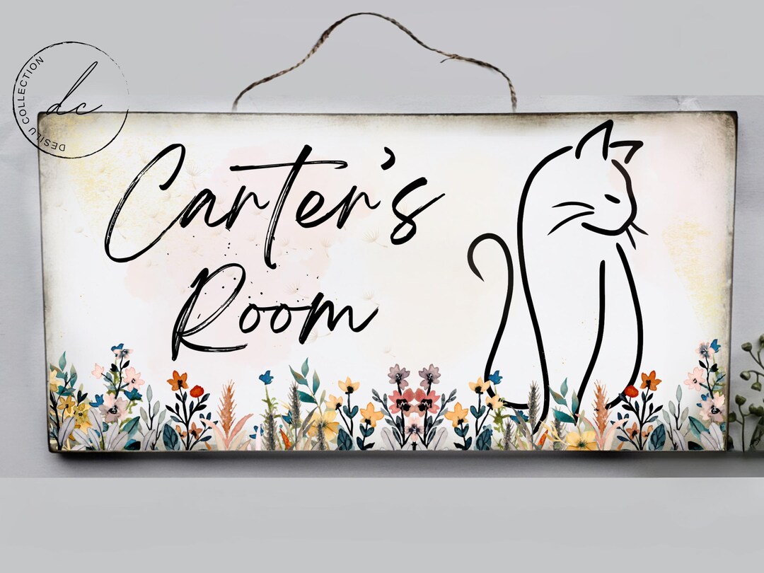 Floral Cat Name Sign, Cat Sign Bedroom Sign Flowers, Girl Cat Name Sign ...