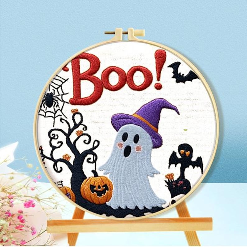 Halloween Embroidery Kit, Ghost Black Cat Witch Hat DIY Hoop Art ...
