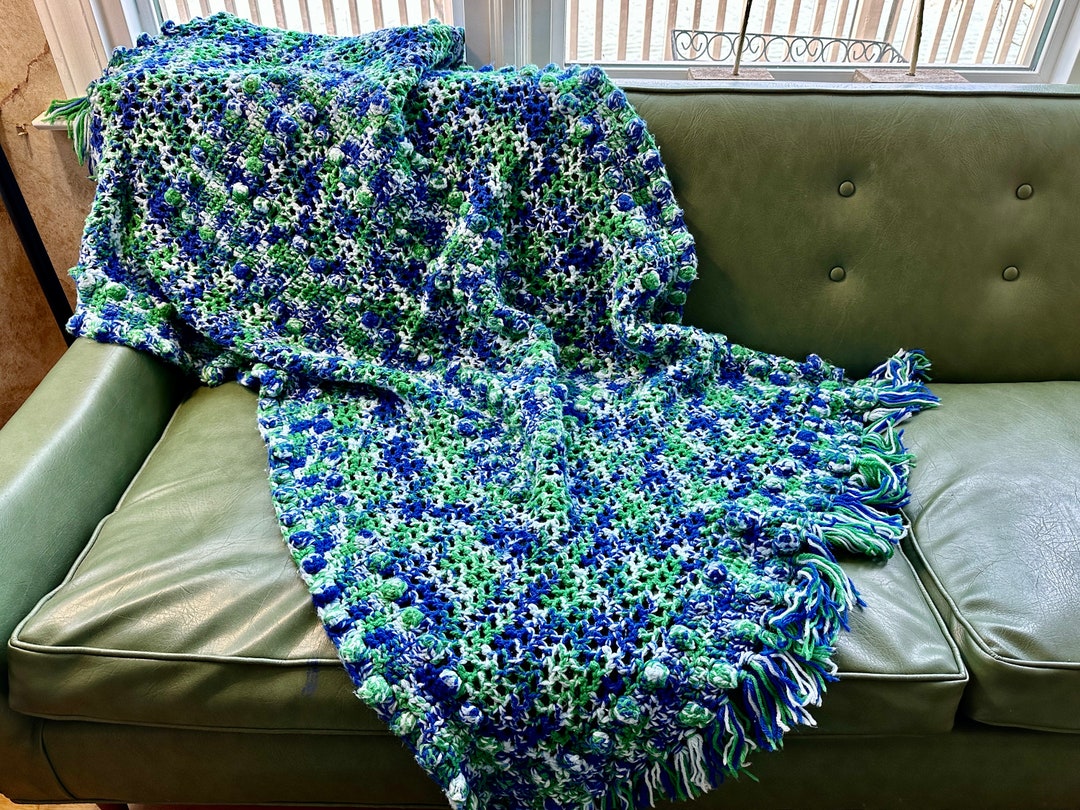 Vintage Crocheted Afghan Rectangular Lap Blanket Shawl Blue Green 48 ...