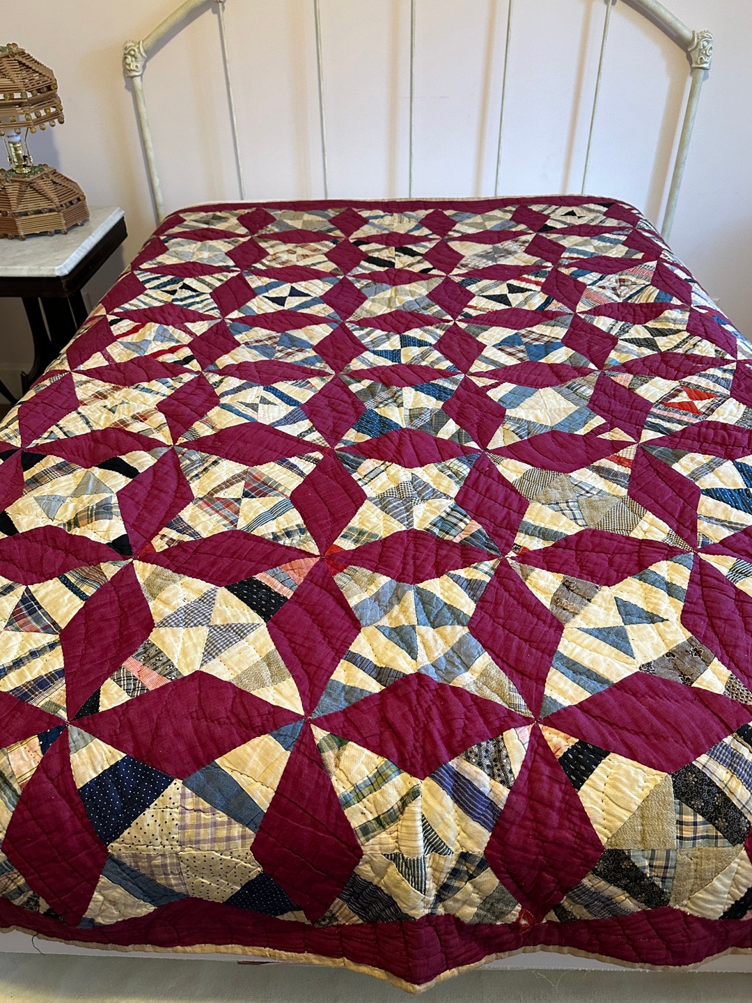 Antique Quilt With Four Point Stars Pinwheels Hand Pieced and Quilted ...