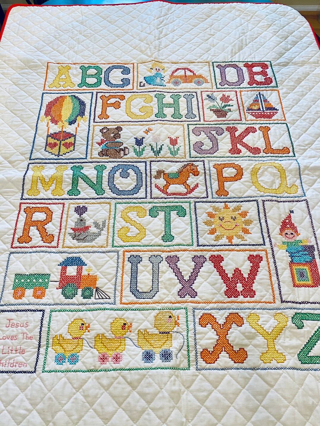 Vintage Handmade Cross Stitch Alphabet Coverlet - Child's Bed ...