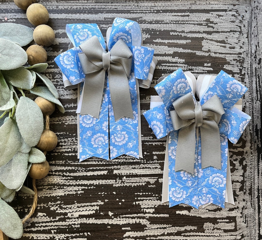 RTS Grey and Blue Flower Monogrammed Horse Show Bows - Etsy