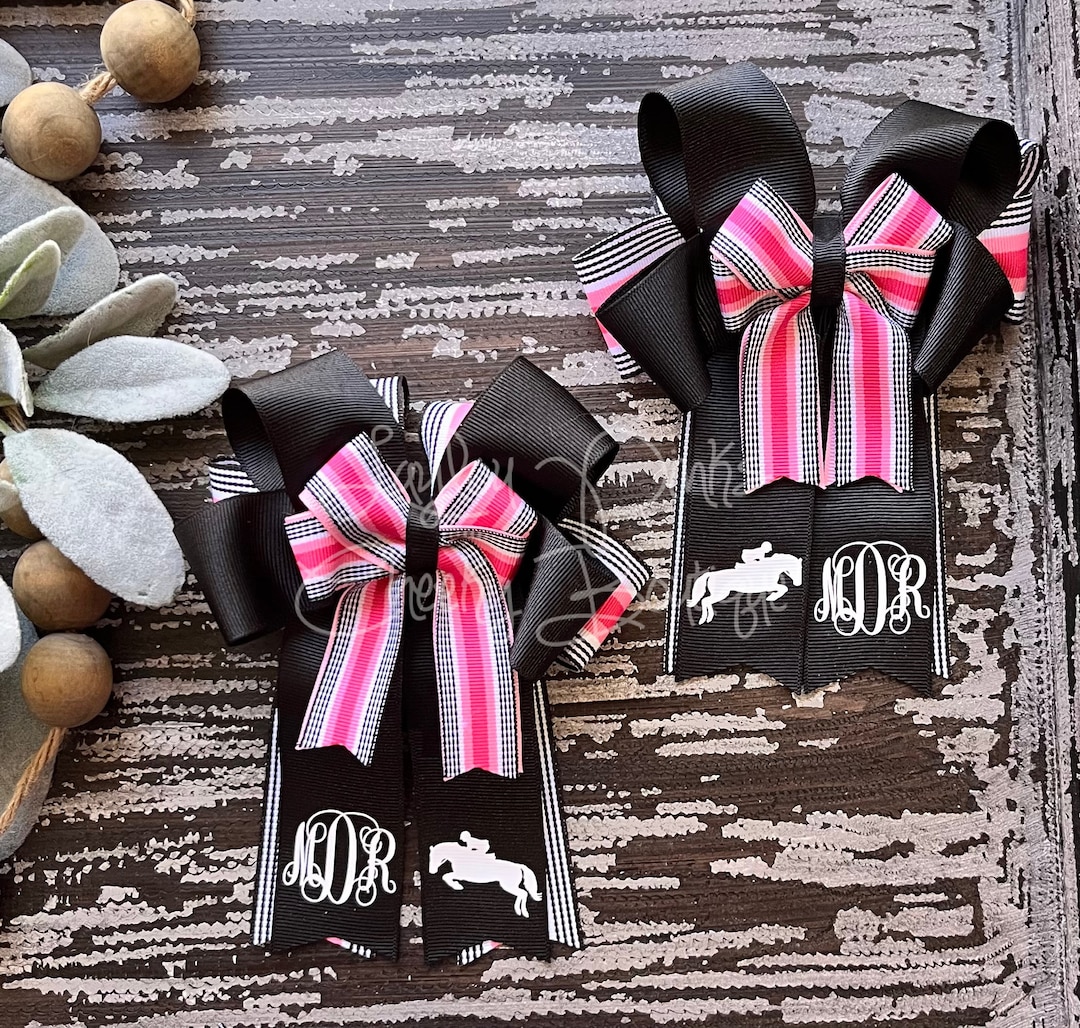 Pink and Black Striped Monogrammed Equestrian Horse Show Bows - Etsy