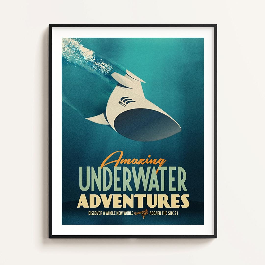 Retro Sci-fi Underwater Adventure Poster – Vintage Submarine Travel ...