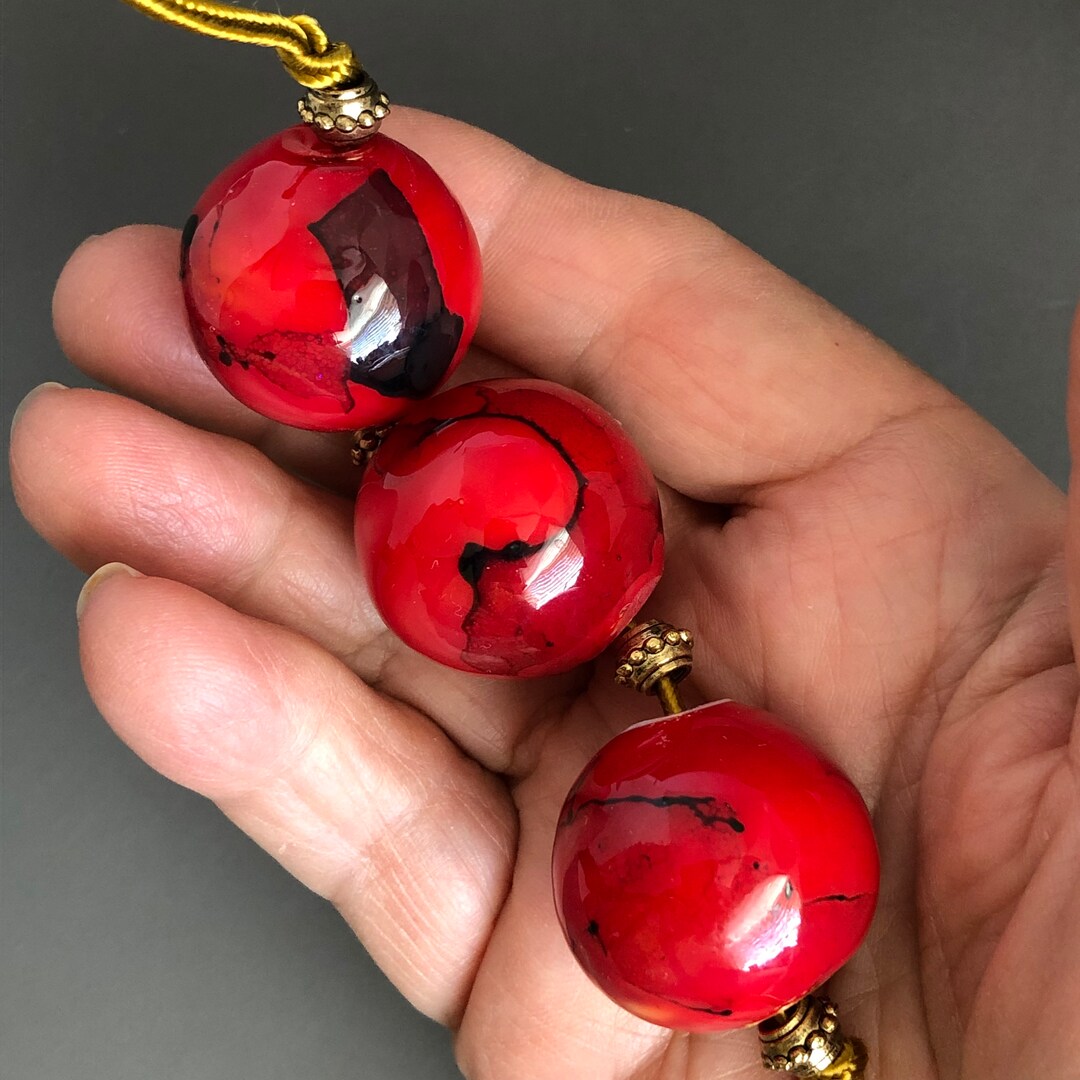 Three Big Red Glass Beads Round Handmade Lampwork Blown Hollow Glass ...