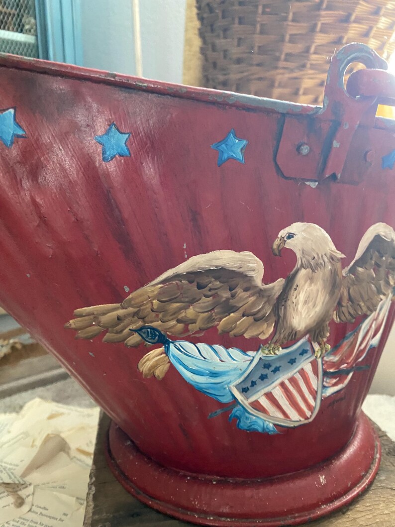 Patriotic Painted American Coal Scuttle Bucket American Eagle Flag ...