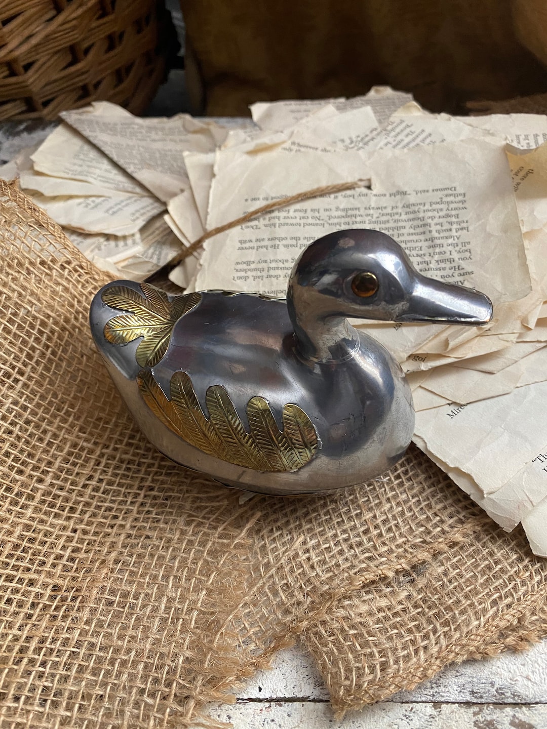 Pewter and Brass Duck Shaped Dish Decorative Duck Shaped Covered Dish ...