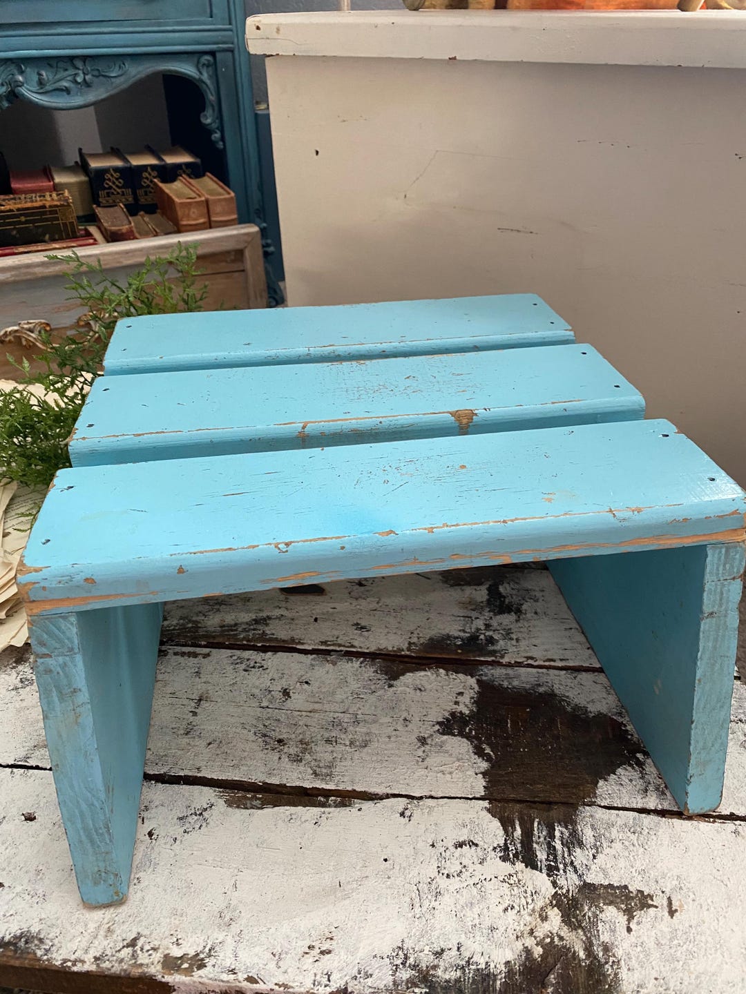 Baby Blue Painted Made in America Decorative Step Stool Riser Chippy ...