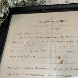1906 Framed Subpoena Ticket Law Office Decor Movie Prop - Etsy