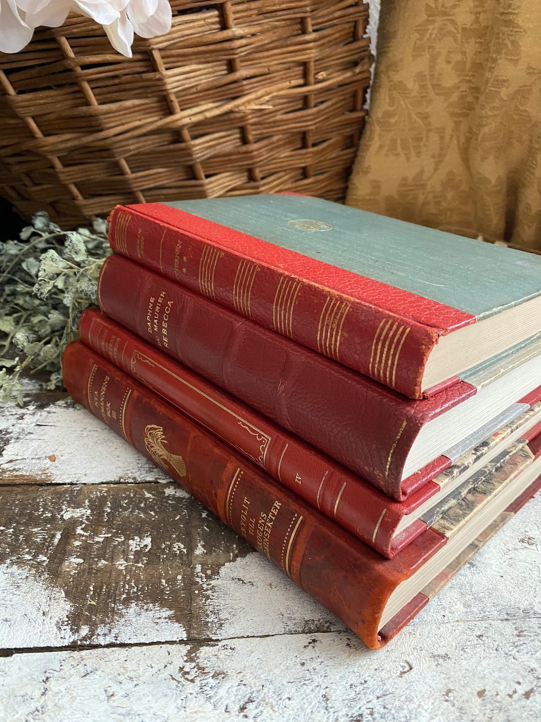 Awesome Red Stack of German Leather Bound Books Daphne Du Maurier ...