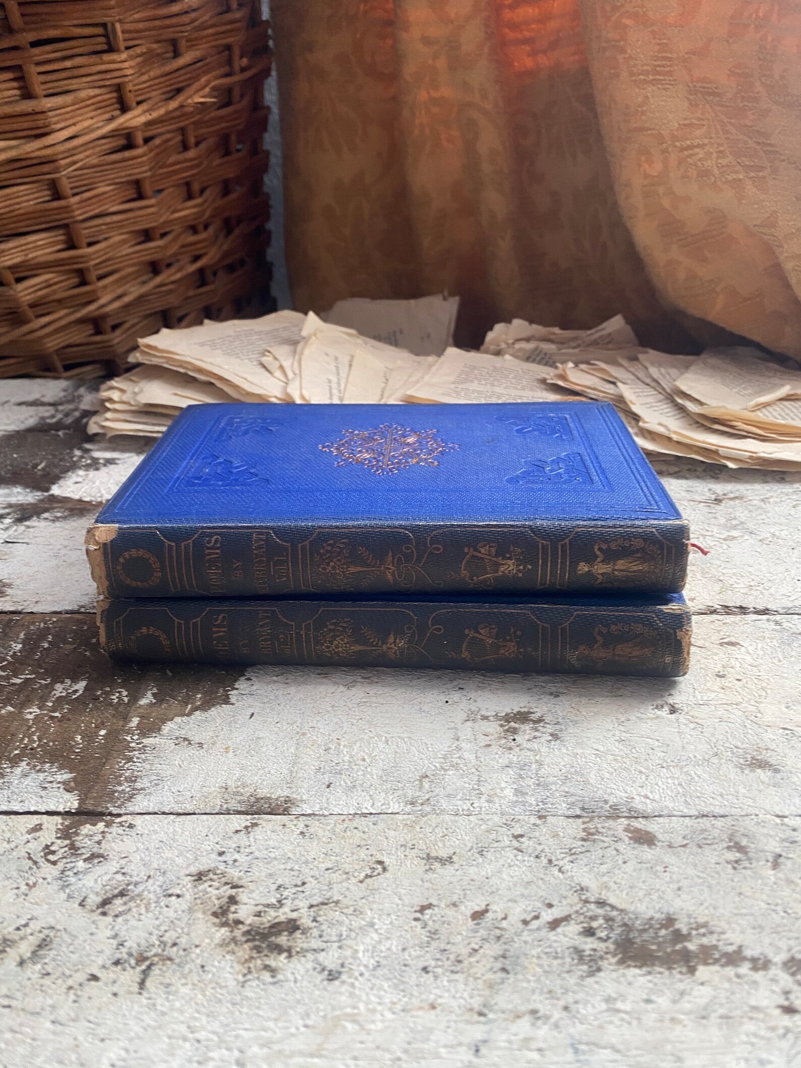 Brilliant Blue Antique Poem Books 1854 Gold Edge Book Pages Bryant ...