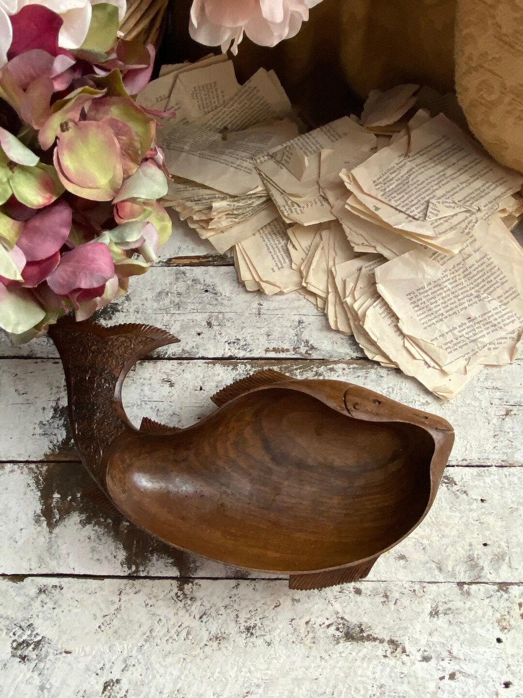 MCM Teak? Carved Wood Fish Bowl Serving Bowl Nautical Beach Home Decor ...