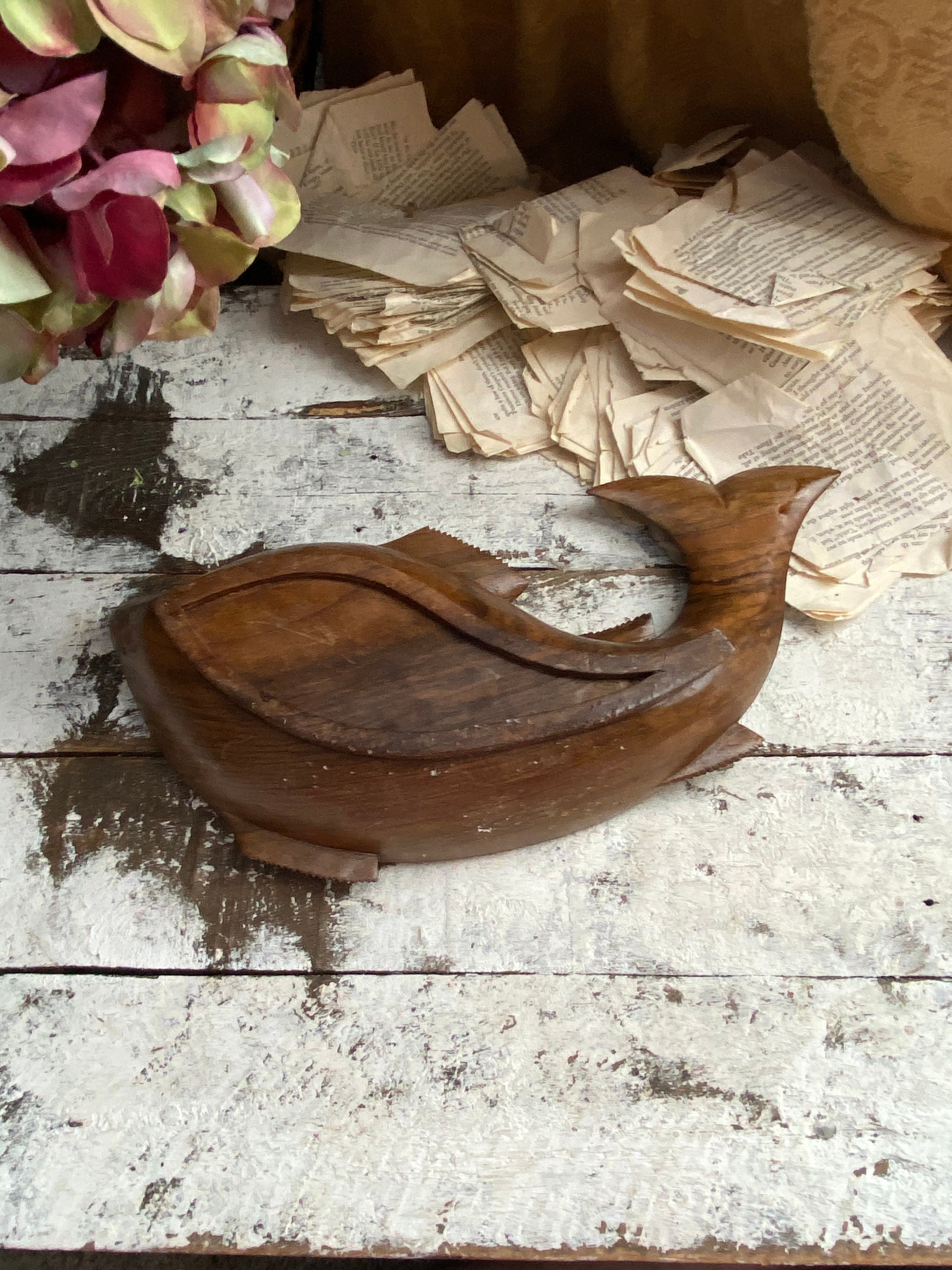 MCM Teak? Carved Wood Fish Bowl Serving Bowl Nautical Beach Home Decor ...