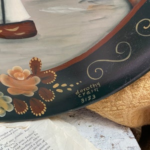 Large Round Scenic Painting on Tray Tole Painting Sail Boats Signed ...