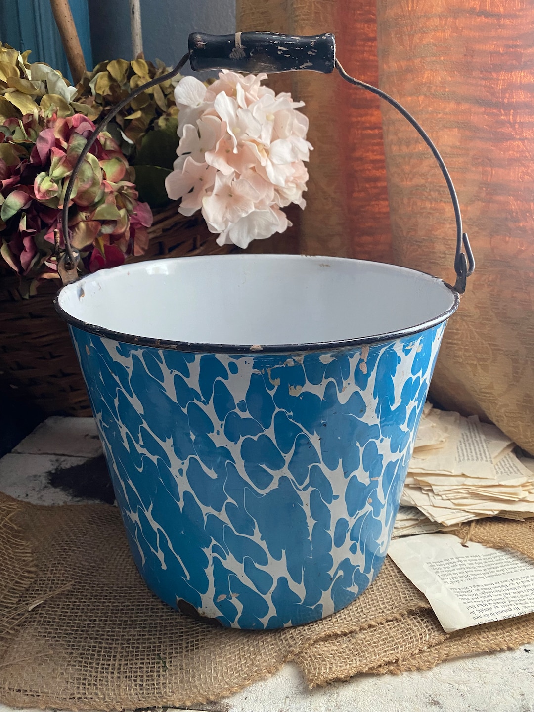 Blue and White Enamel Bucket Farmhouse Bucket - Etsy