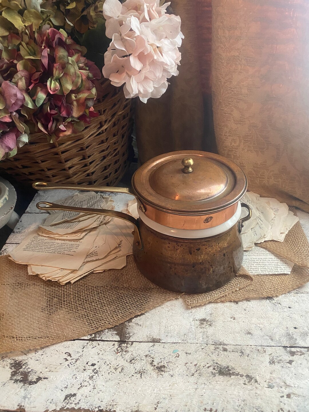Vintage Copper and Ceramic Double Boiler Vintage French Country Kitchen ...
