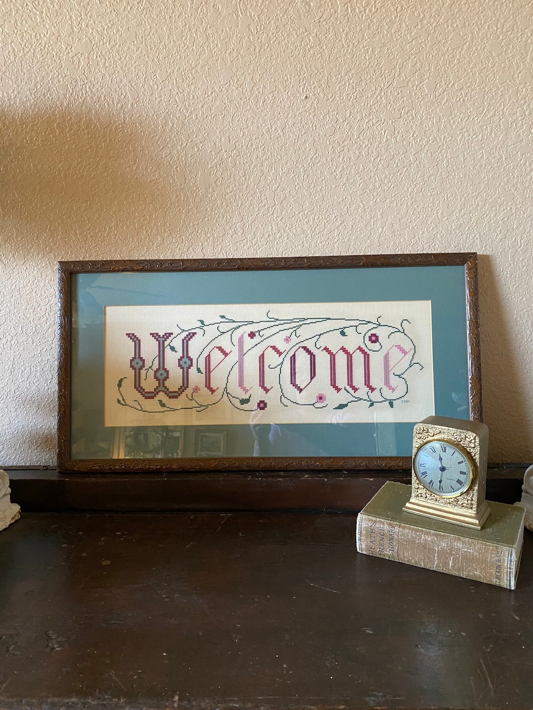 Needlepoint Framed Wood Welcome Sign Vintage Needlepoint Welcome Sign ...