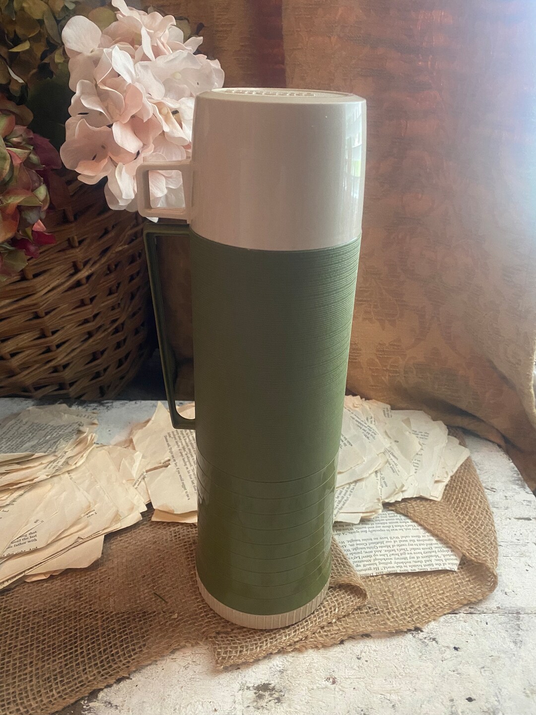 Vintage Green and Cream Thermos Brand Thermos Christmas or Cabin Decor ...