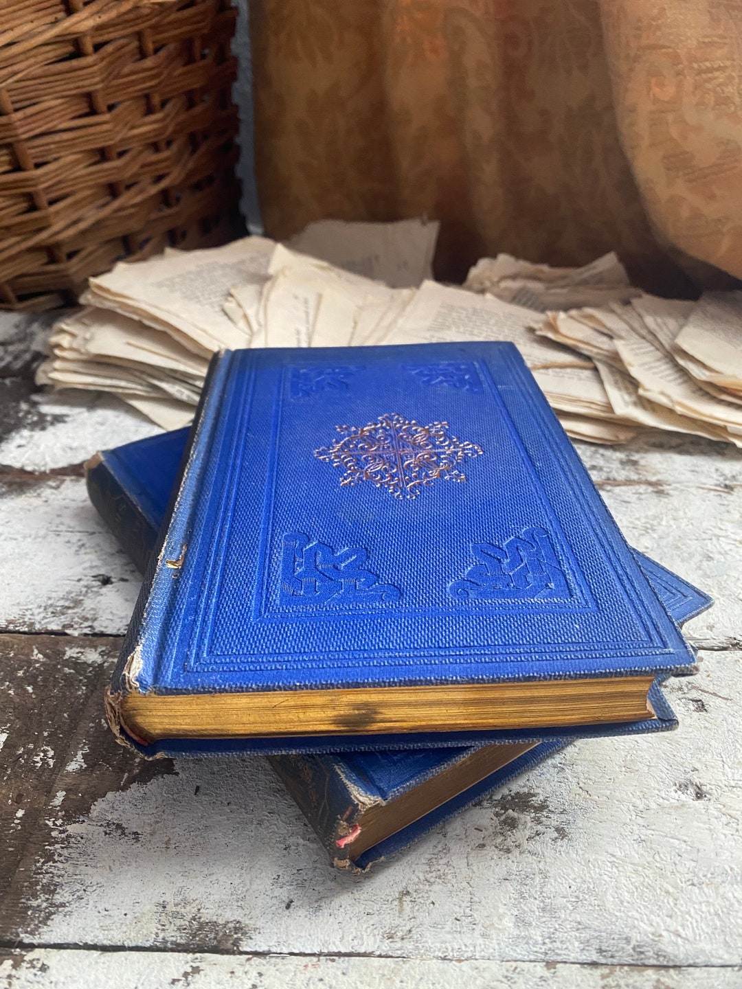 Brilliant Blue Antique Poem Books 1854 Gold Edge Book Pages Bryant ...