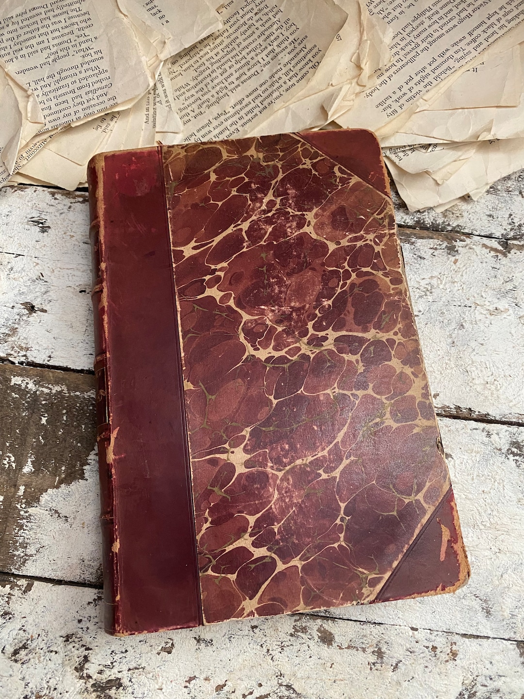 Red Leather Bound Antique Book Marbled Books Cover and Pages - Etsy