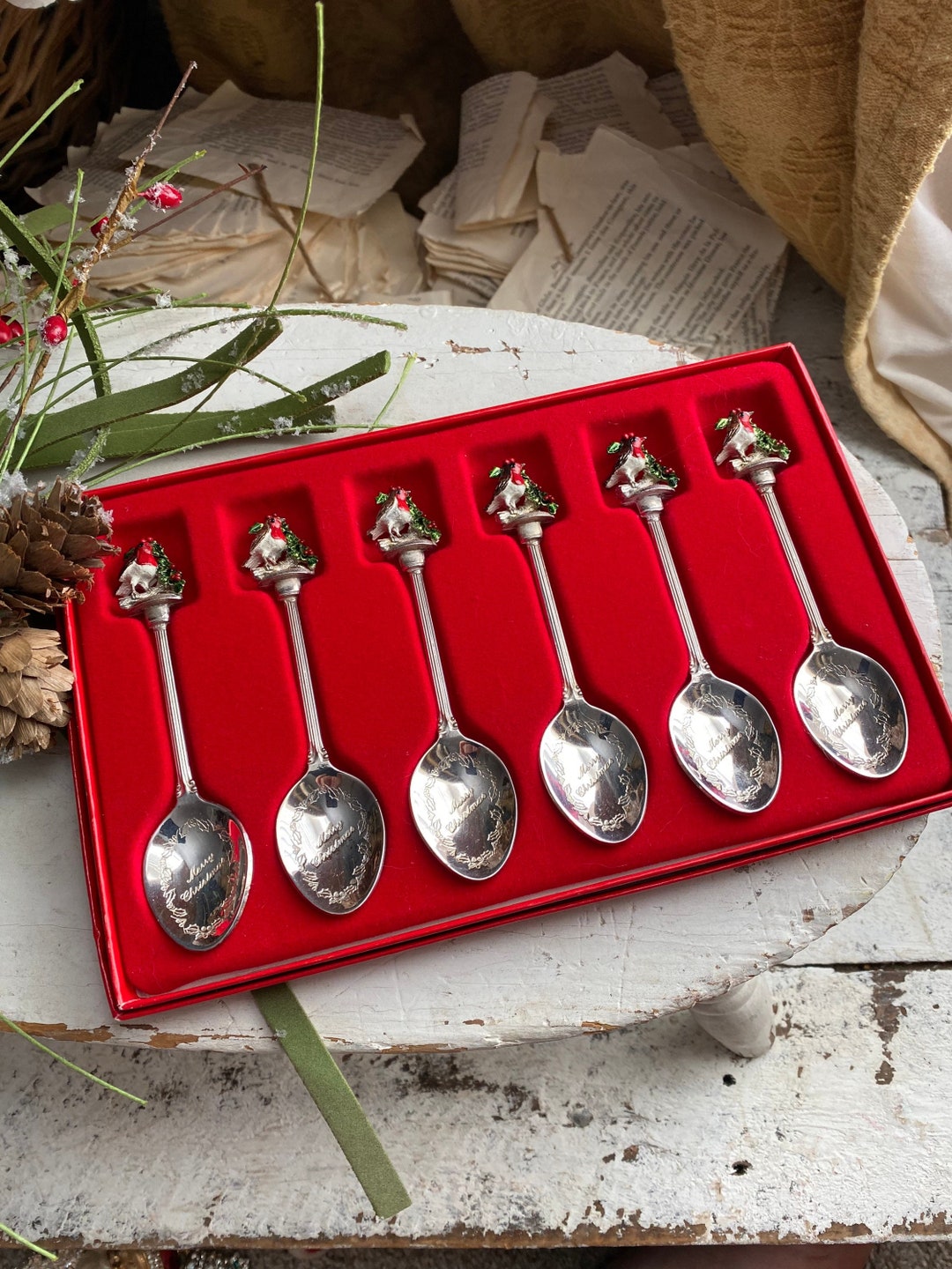 Red Bird Christmas Spoon Set Great Britain English Spoons - Etsy