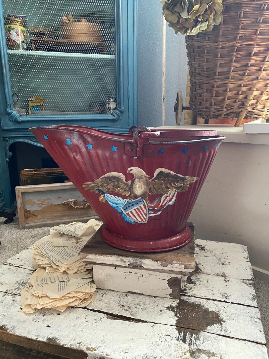 Patriotic Painted American Coal Scuttle Bucket American Eagle Flag ...