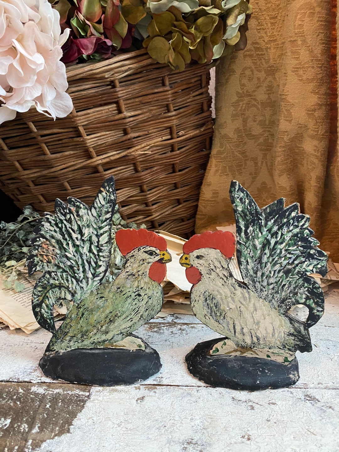 Pair of Primitive Roosters Shabby Condition Folk Art Roosters - Etsy