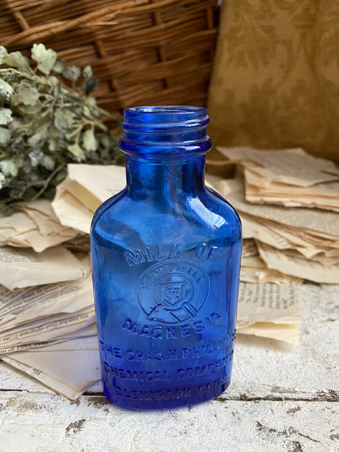 Vintage Blue Glass Milk of Magnesia Bottle Pharmeceutical Collectible ...