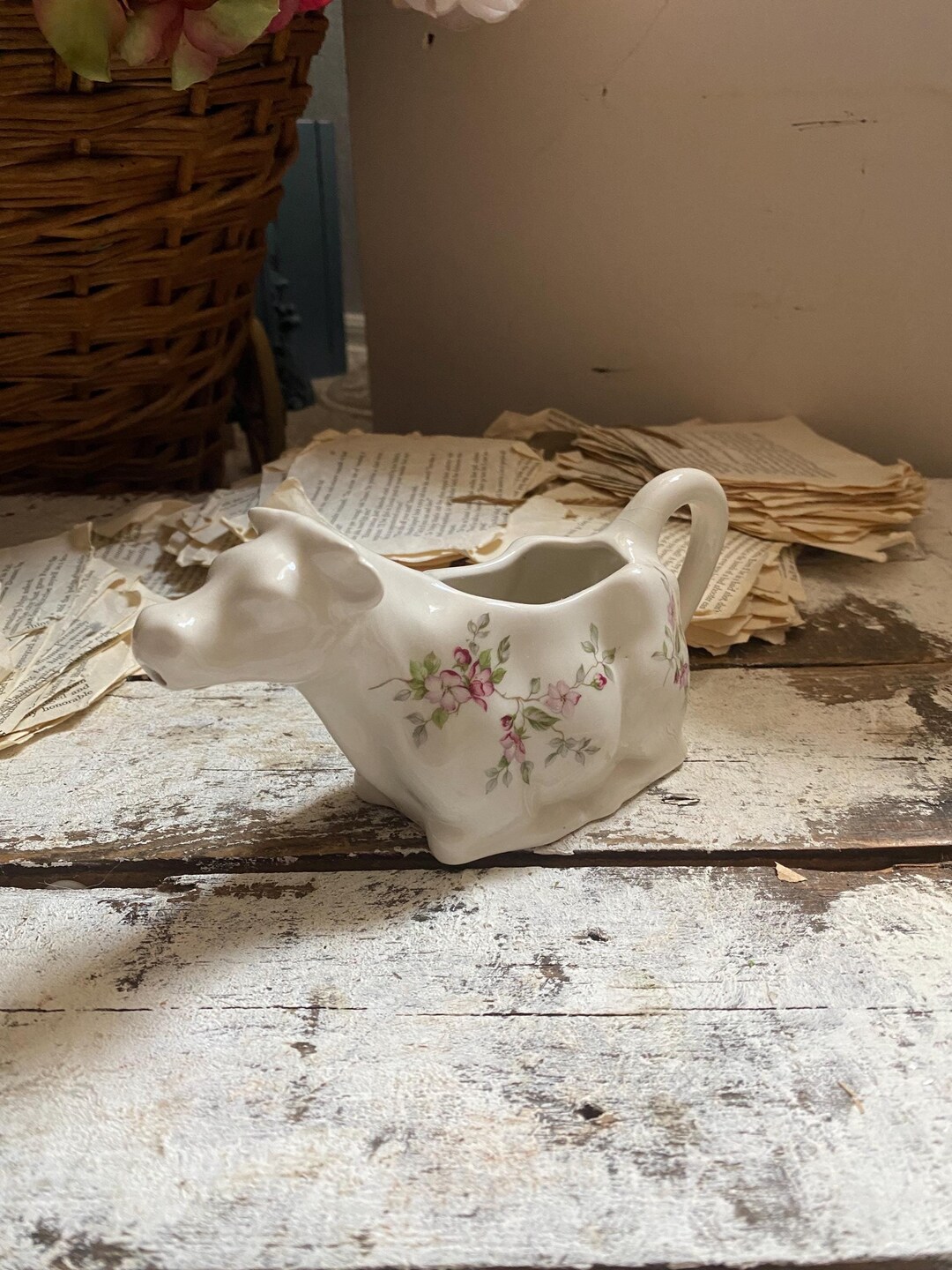 Empress English Transfer Ware Cow Creamer Pink Floral Cow Creamer ...