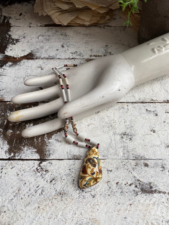 Papier Mache Paisley and Beaded Necklace - Gem