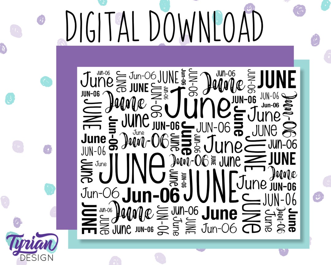 Digital Paper - June Word Cloud Pattern - Printable Letter Size, Black ...
