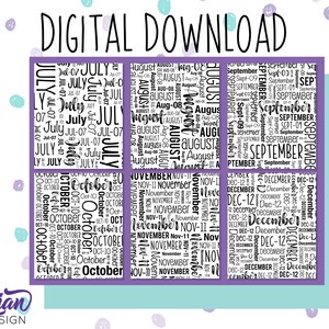 Digital Paper | All 12 Months Word Cloud Pattern | Printable Letter ...