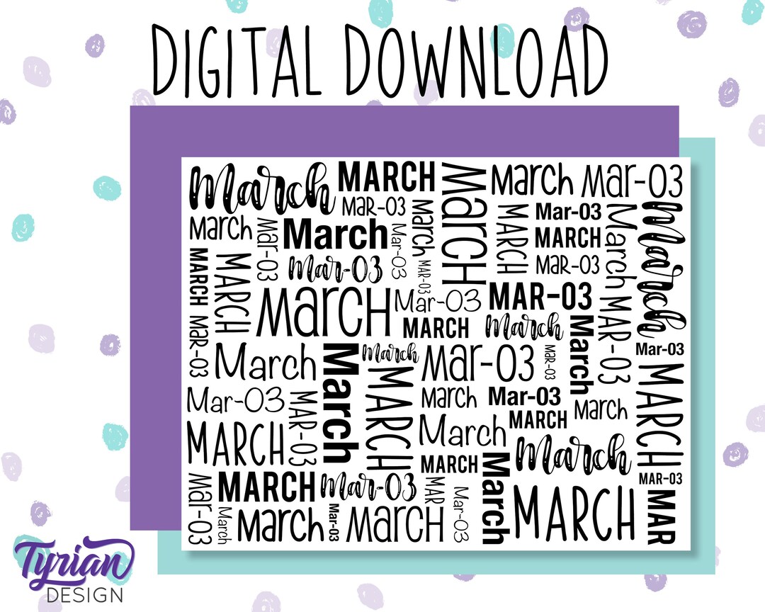 Digital Paper - March Word Cloud Pattern - Printable Letter Size, Black ...