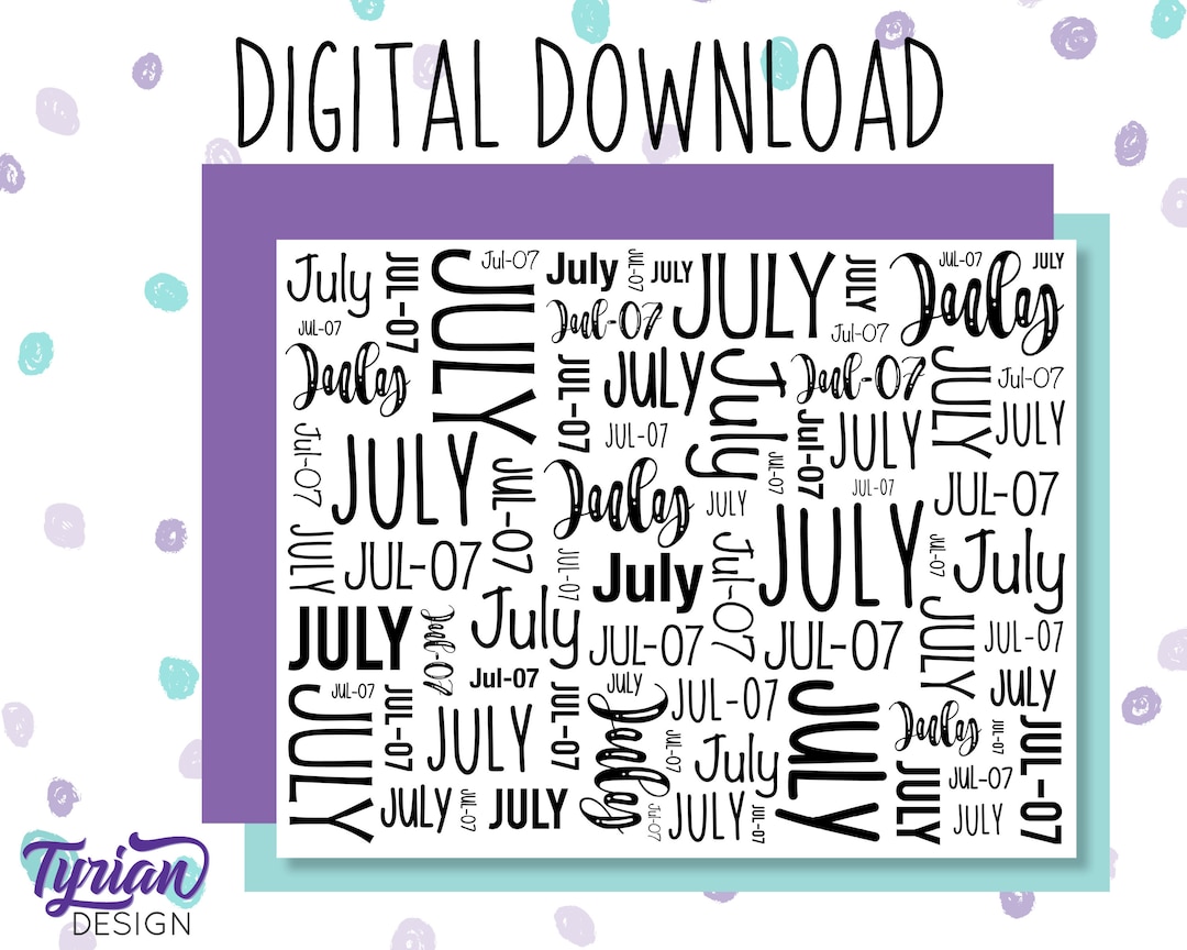 Digital Paper - July Word Cloud Pattern - Printable Letter Size, Black ...