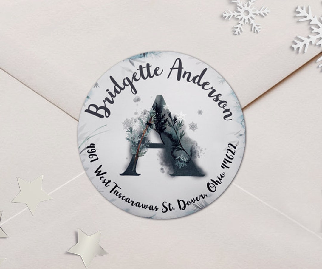 Address Labels / Christmas, Winter Watercolor Monogram Round Return ...