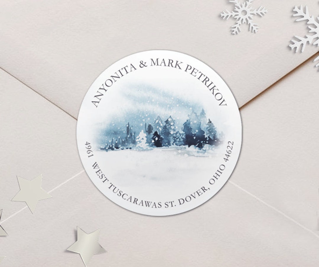 Address Labels / Christmas, Winter Watercolor Scene, Trees Round Return ...